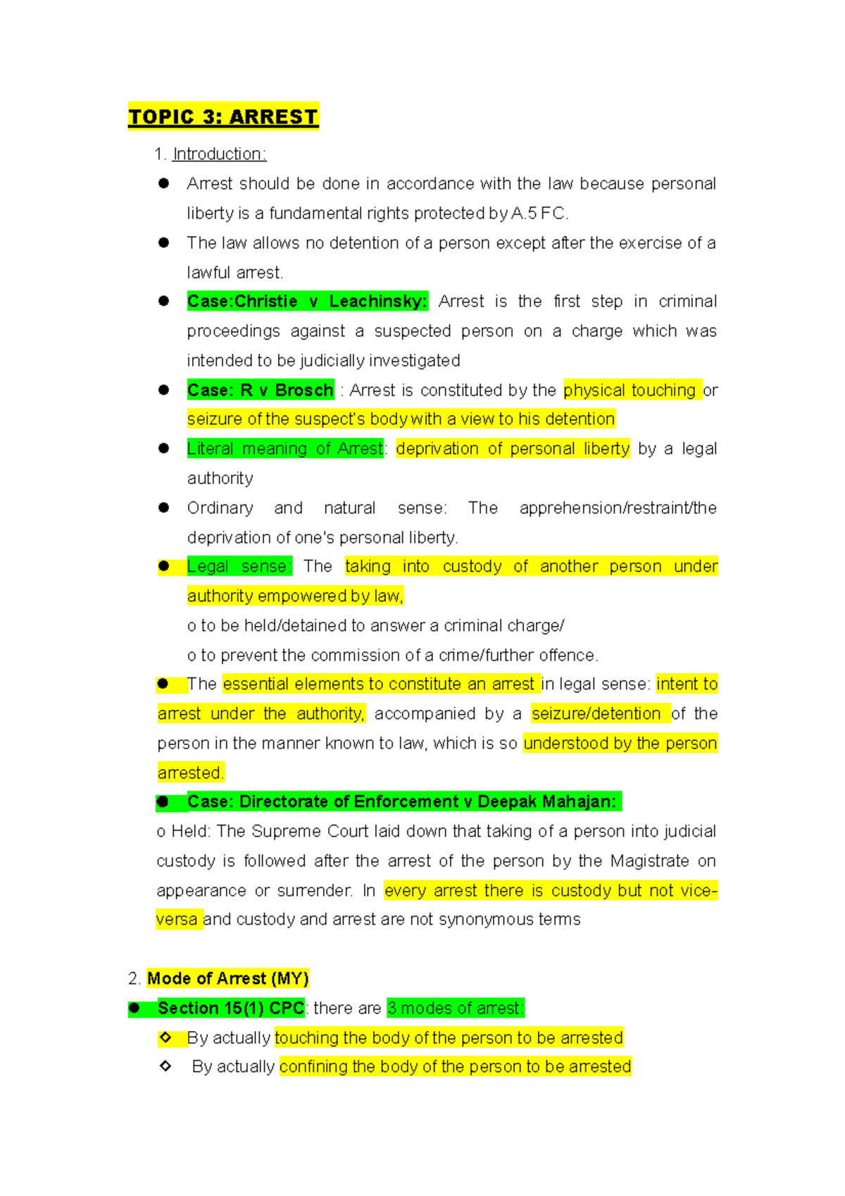 Topic 3 arrest own notes - TOPIC 3: ARREST Introduction: Arrest should ...
