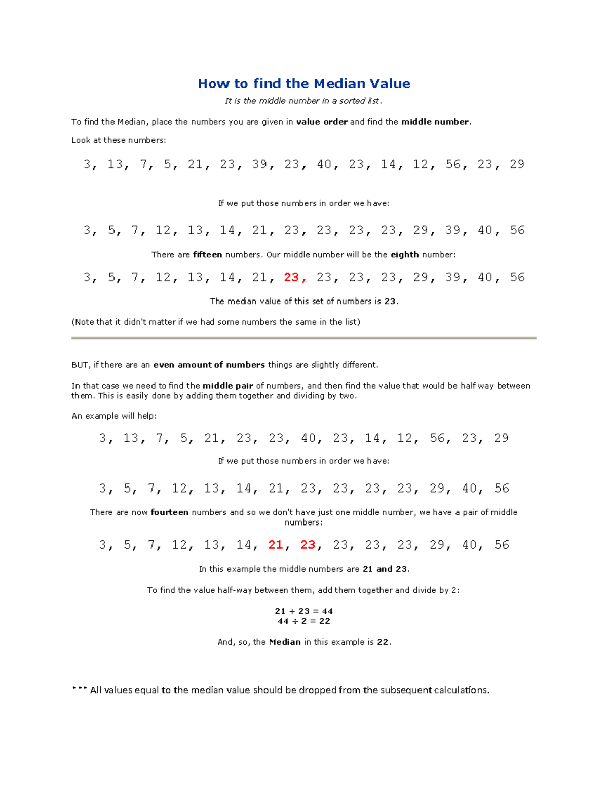 How to find the Median Value-1 - To find the Median, place the numbers ...