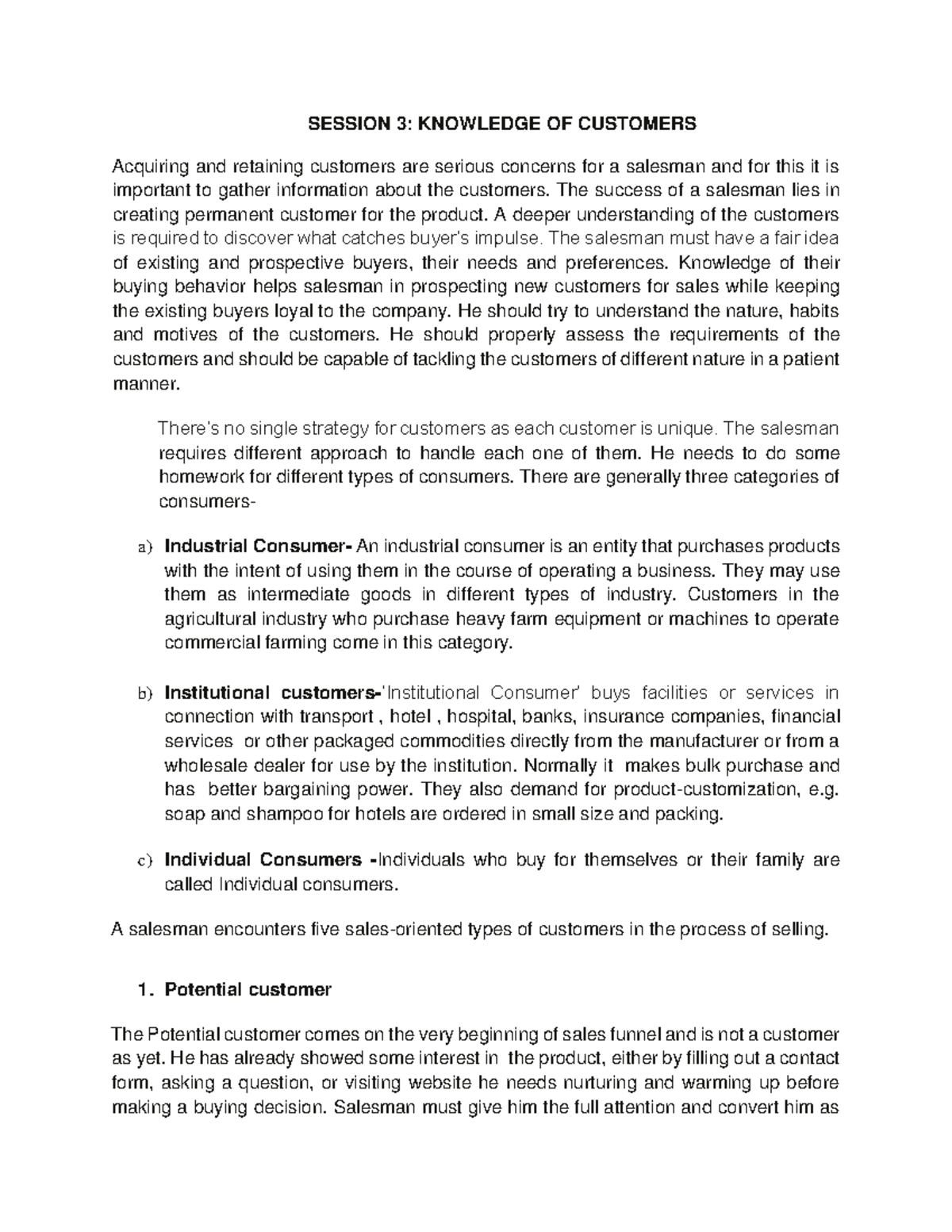 Selling and Salesmanship Module 2 Lesson 3 - SESSION 3: KNOWLEDGE OF ...