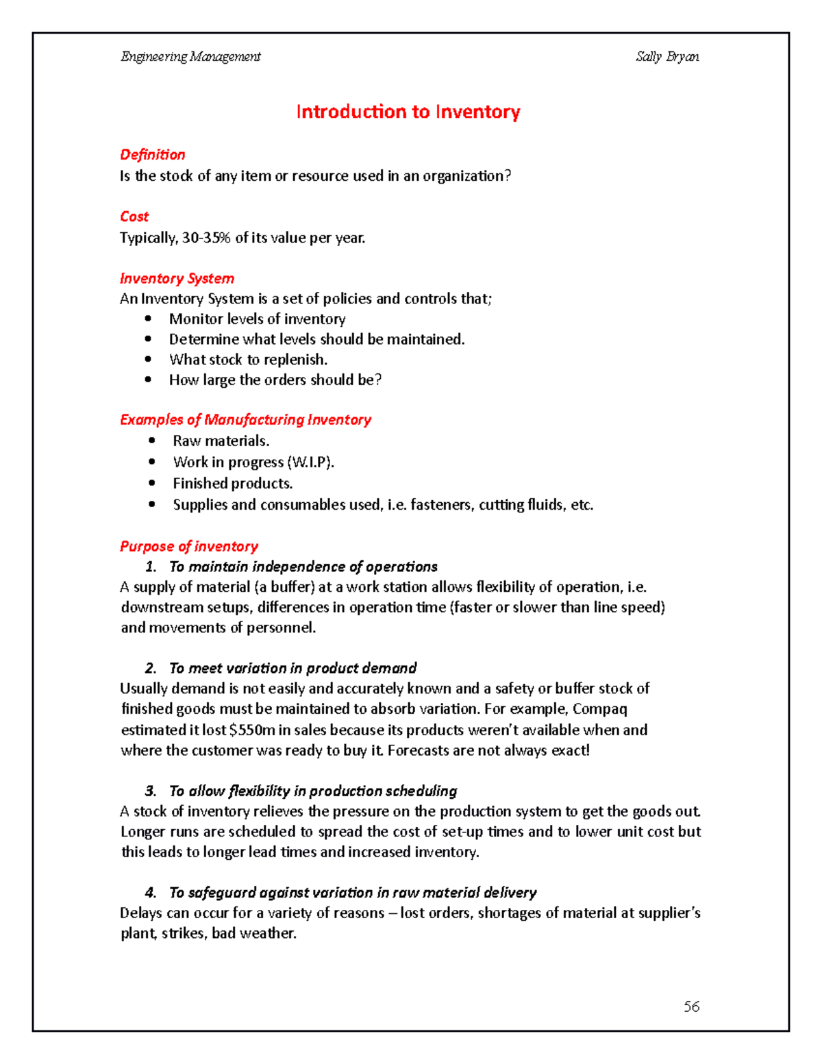 Handout 5 Inventory Detailed Notes From Lecturer Sally Byran
