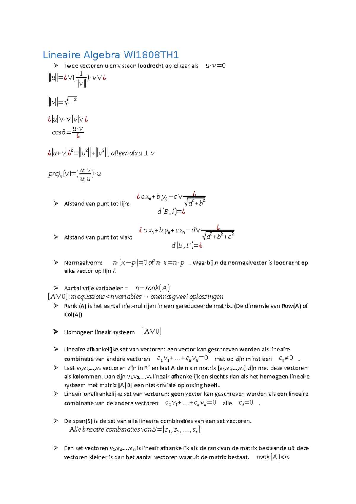 Samenvatting belangrijkste punten Lineaire Algebra WI1808TH1 - Lineaire ...
