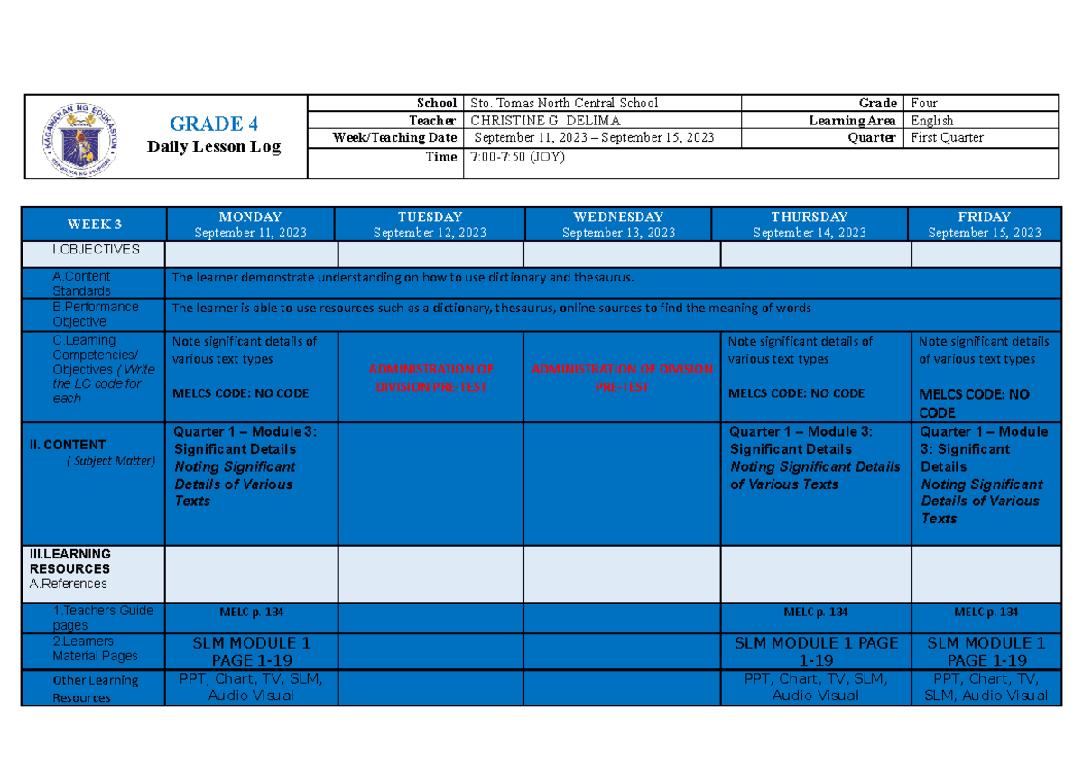 DLL 1st q week 3 - Dll Grade 4 - GRADE 4 Daily Lesson Log School Sto ...