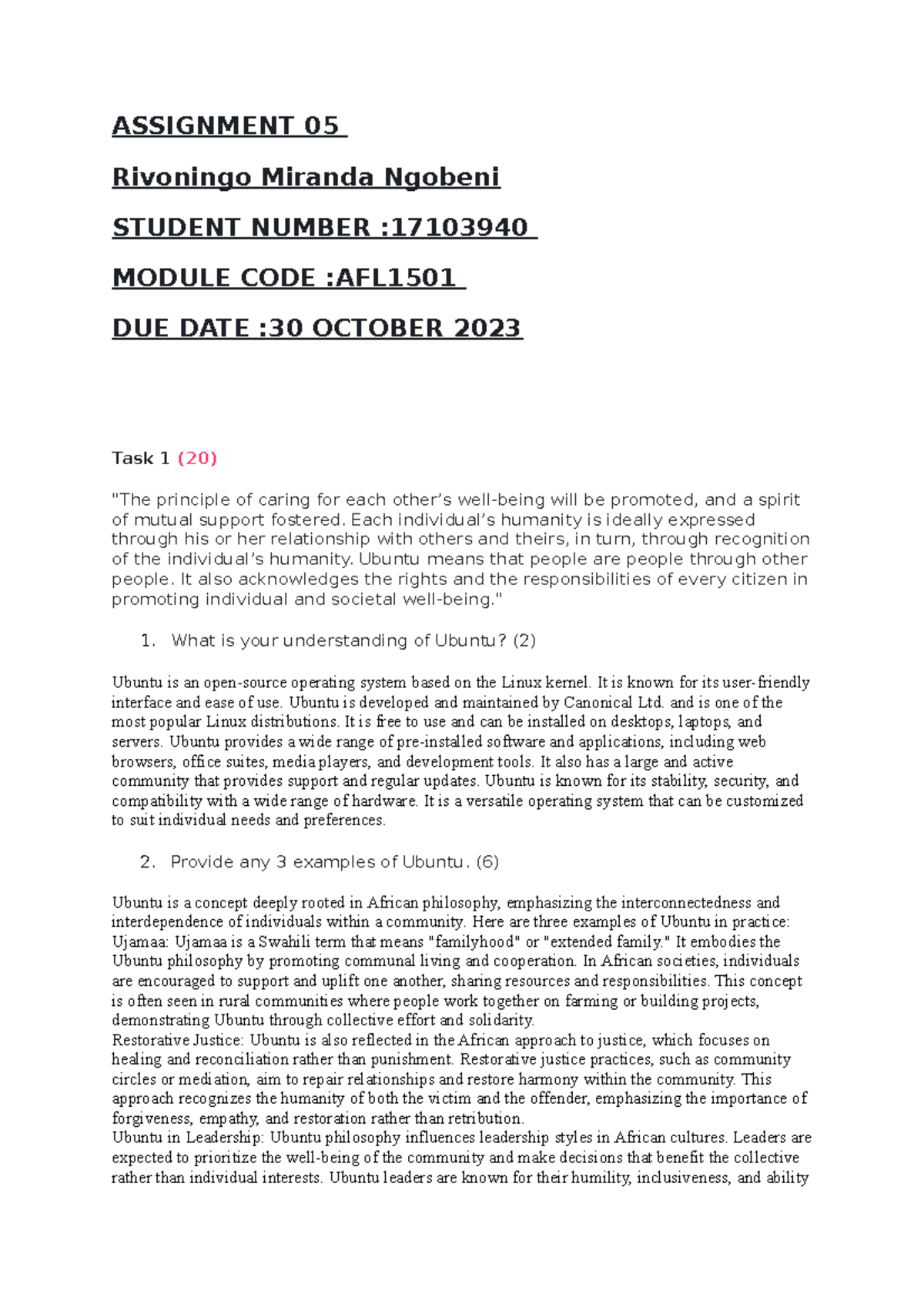 Assignment 05 afl - ASSIGNMENT 05 Rivoningo Miranda Ngobeni STUDENT NUMBER : MODULE CODE :AFL ...