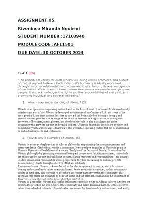 SAW1502 -assignment 02 - SEMESTER 1 Name: Rivoningo Miranda Ngobeni Student no : Unique number ...