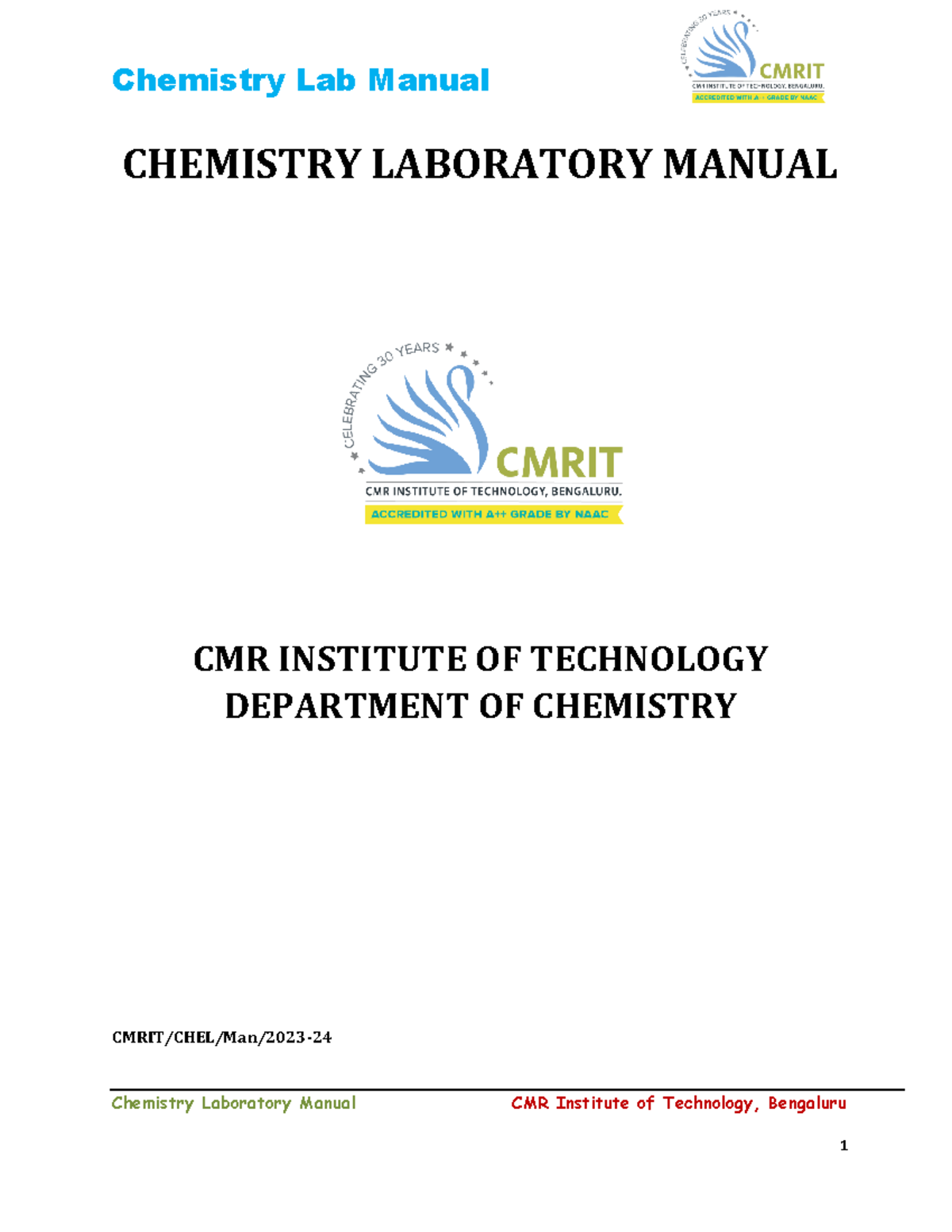 Chemistry Lab manual-I-Sem-2023-24 - Chemistry Laboratory Manual CMR ...