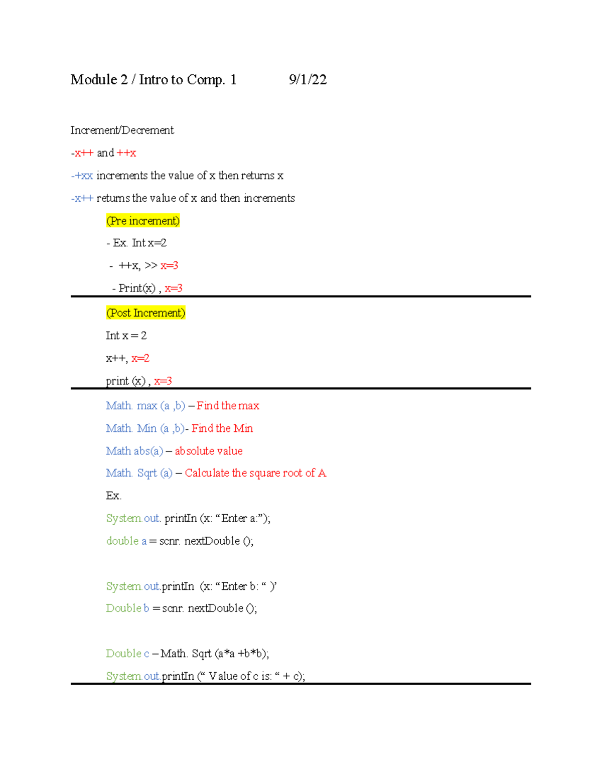 Module 2 - Module 2 / Intro to Comp. 1 9/1/ Increment/Decrement x++ and ...