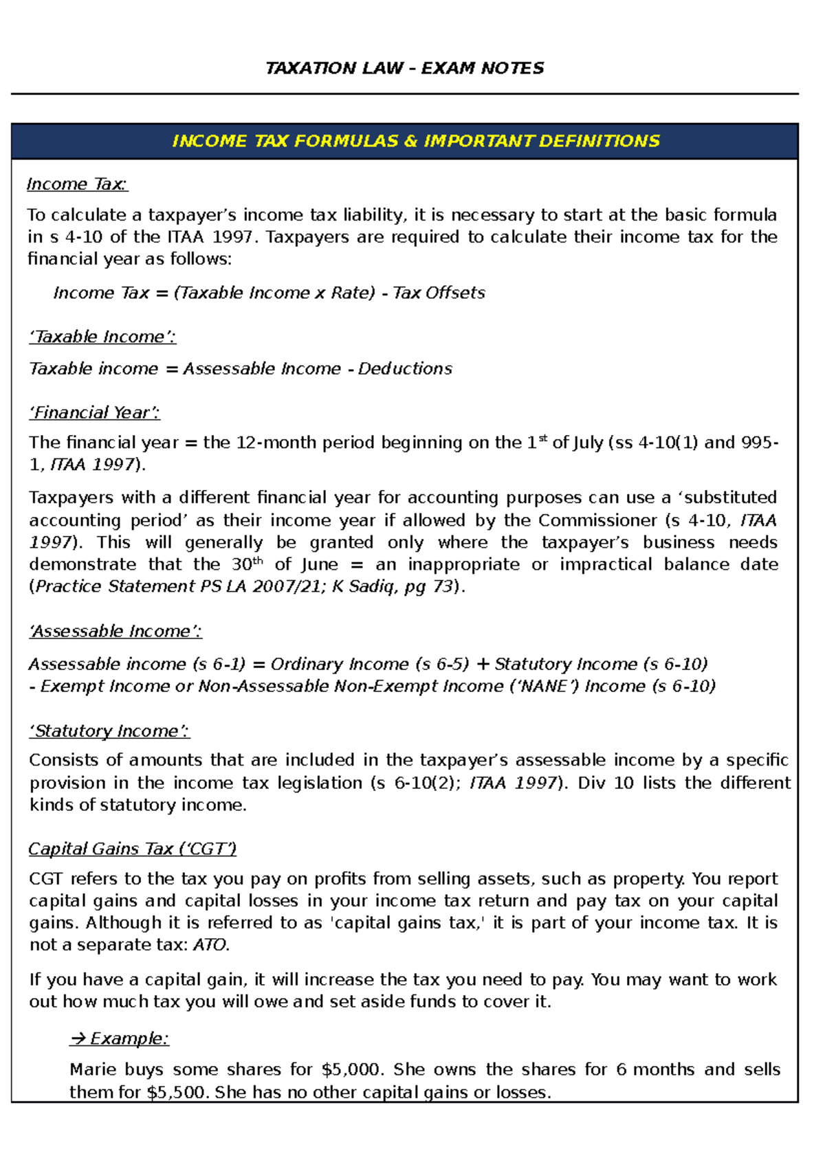Taxation Law Notes - .... - TAXATION LAW - EXAM NOTES INCOME TAX ...