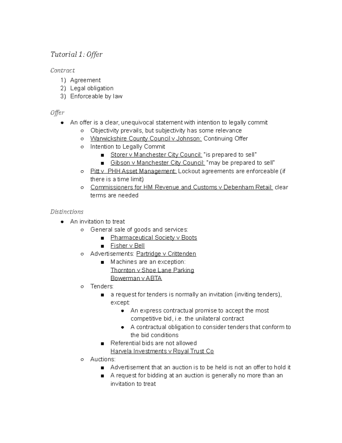 Tutorial 1: Offer - Tutorial 1: Offer Contract 1) Agreement 2) Legal ...