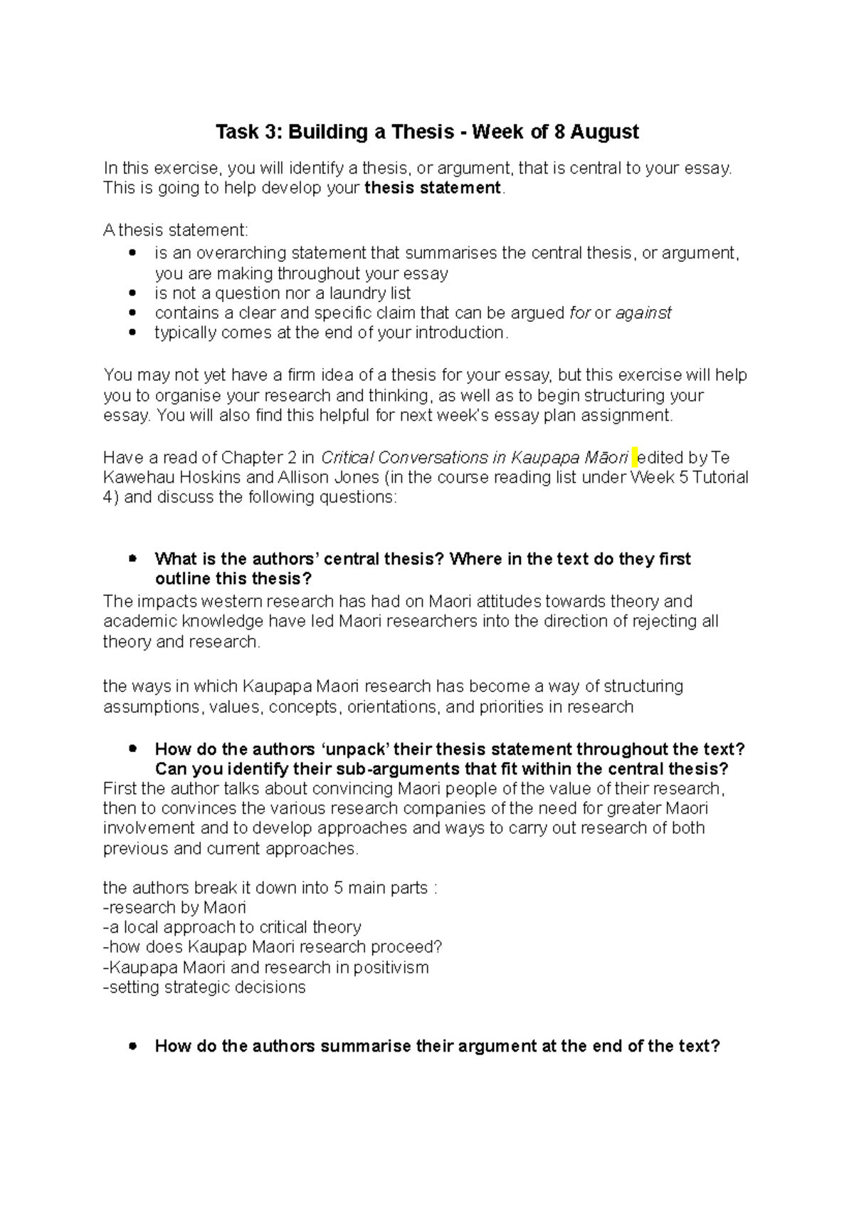 Task 3 - Building a Thesis - This is going to help develop your thesis ...