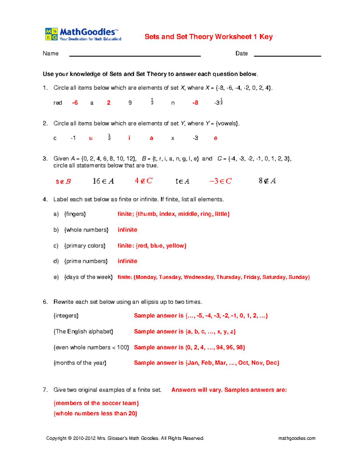 Unit15 wks1 key - Sets and Set Theory Worksheet 1 Key Name Date Use ...