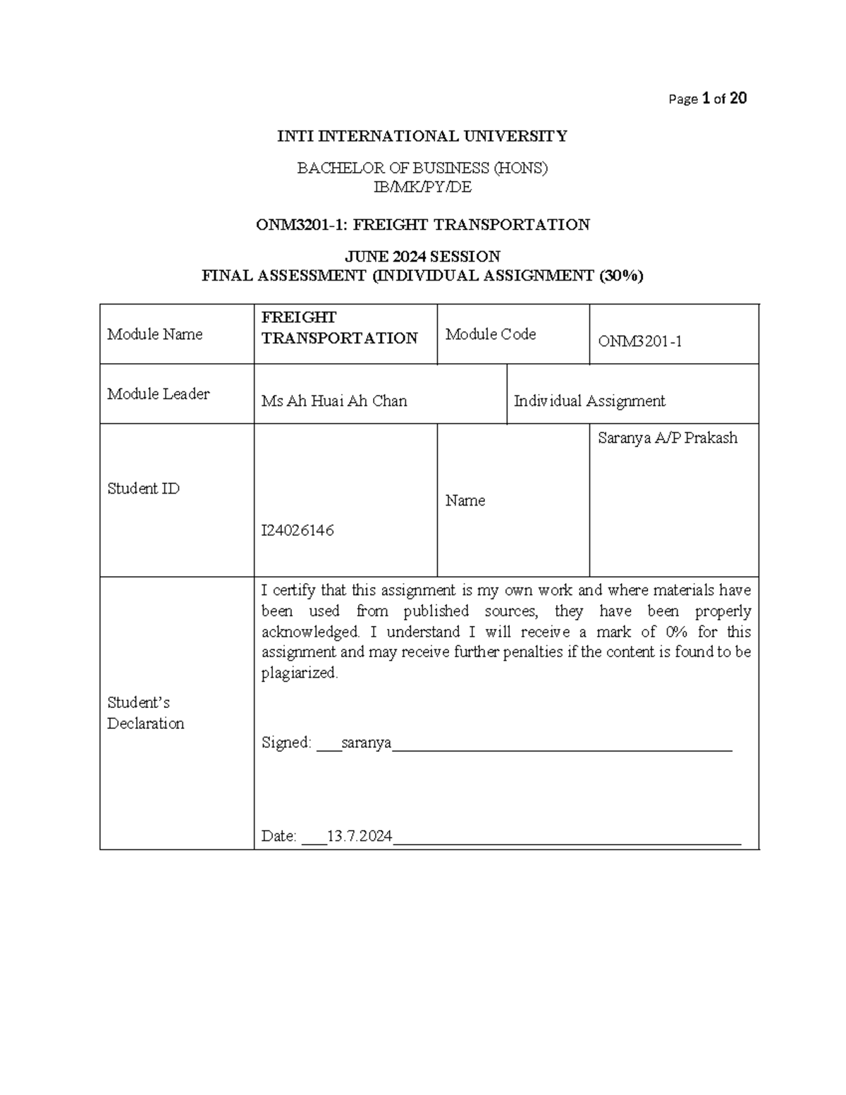 ONM3201 Individual Assignment June 2024 - INTI INTERNATIONAL UNIVERSITY ...