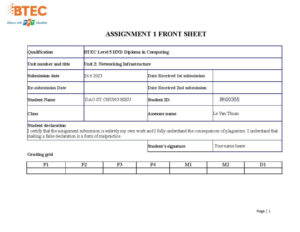 Dung Bai-thannnnnnn 1 - asasdsad - ASSIGNMENT 1 FRONT SHEET Qualification BTEC Level 5 HND ...