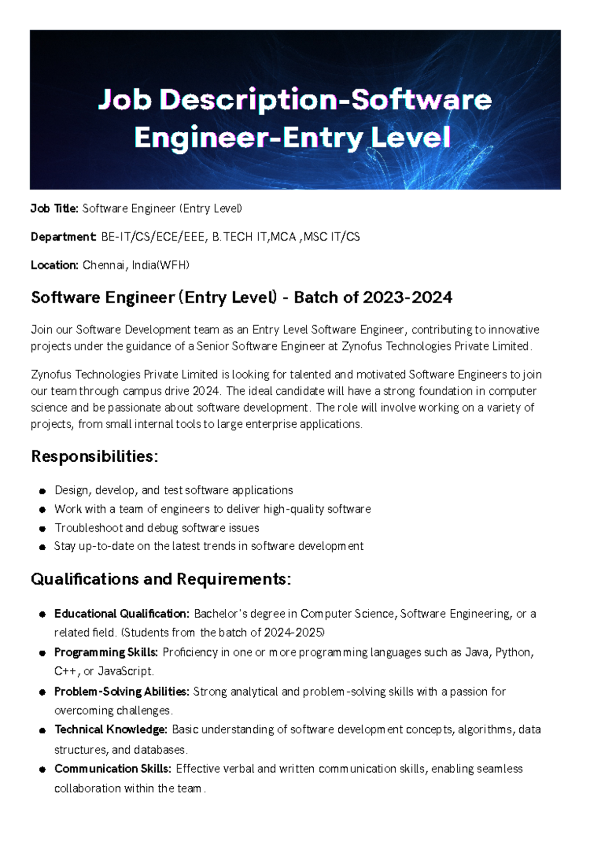 Software Engineer Job Description - Job Title: Software Engineer (Entry Level) Department: - Studocu
