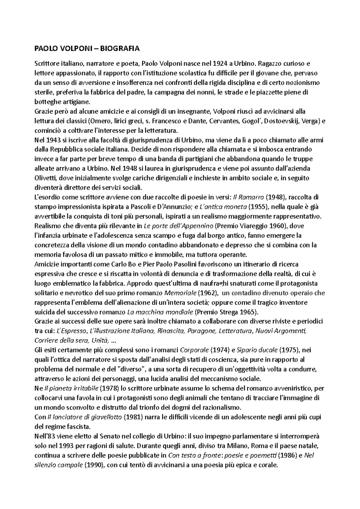 Paolo Volponi - Il pianeta irritabile - PAOLO VOLPONI – BIOGRAFIA ...