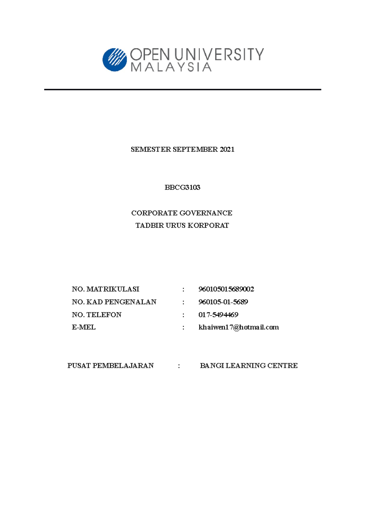 BBCG Corporate Governance AND THE IN - SEMESTER SEPTEMBER 2021 BBCG ...