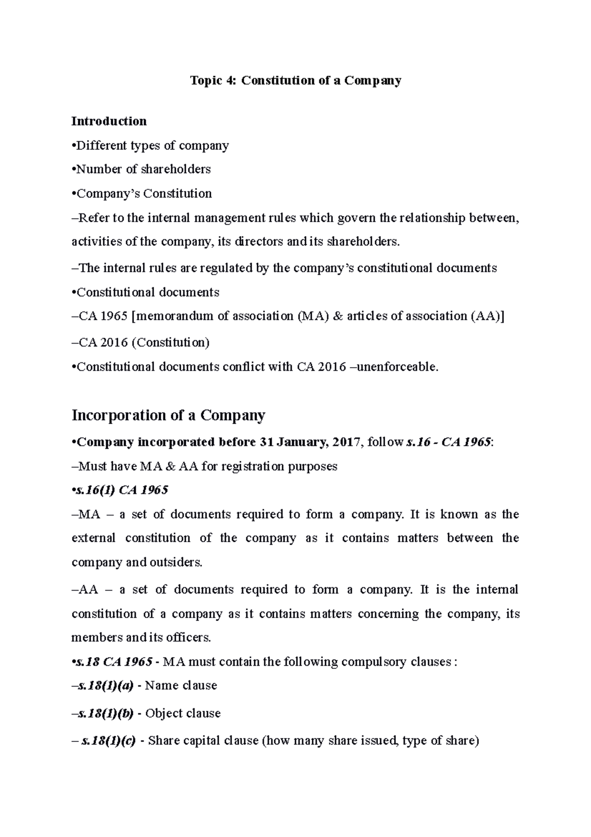 Topic 4 - Topic 4: Constitution of a Company Introduction •Different ...