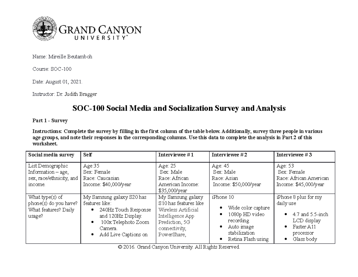 SOC-100 Social Media and Socialization Survey and Analysis - Name ...