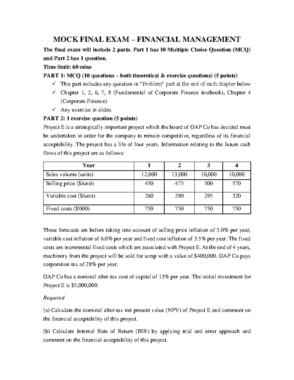 Mock Final Exam Financial Management 9.6.2022 - Student - MOCK FINAL ...
