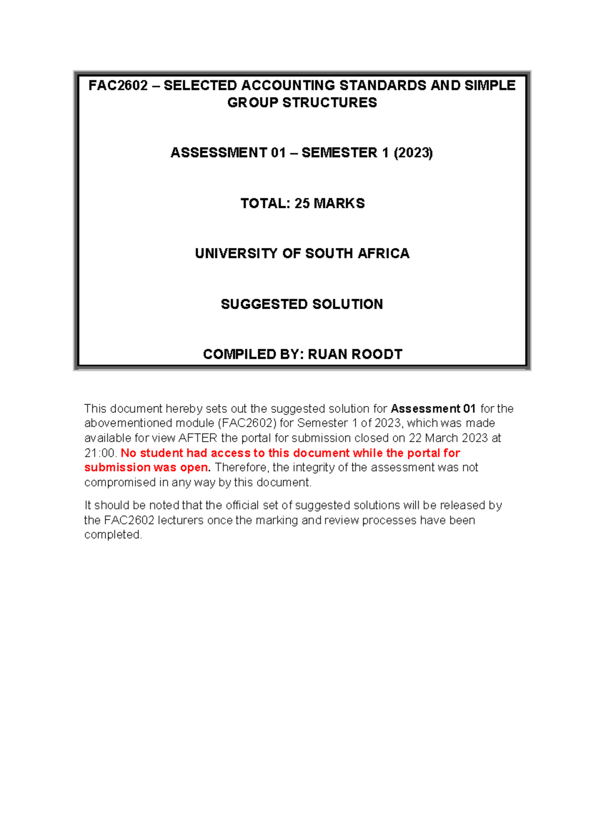 FAC2602 Assessment 01 Semester 1 2023 Suggested Solution - FAC2602 ...