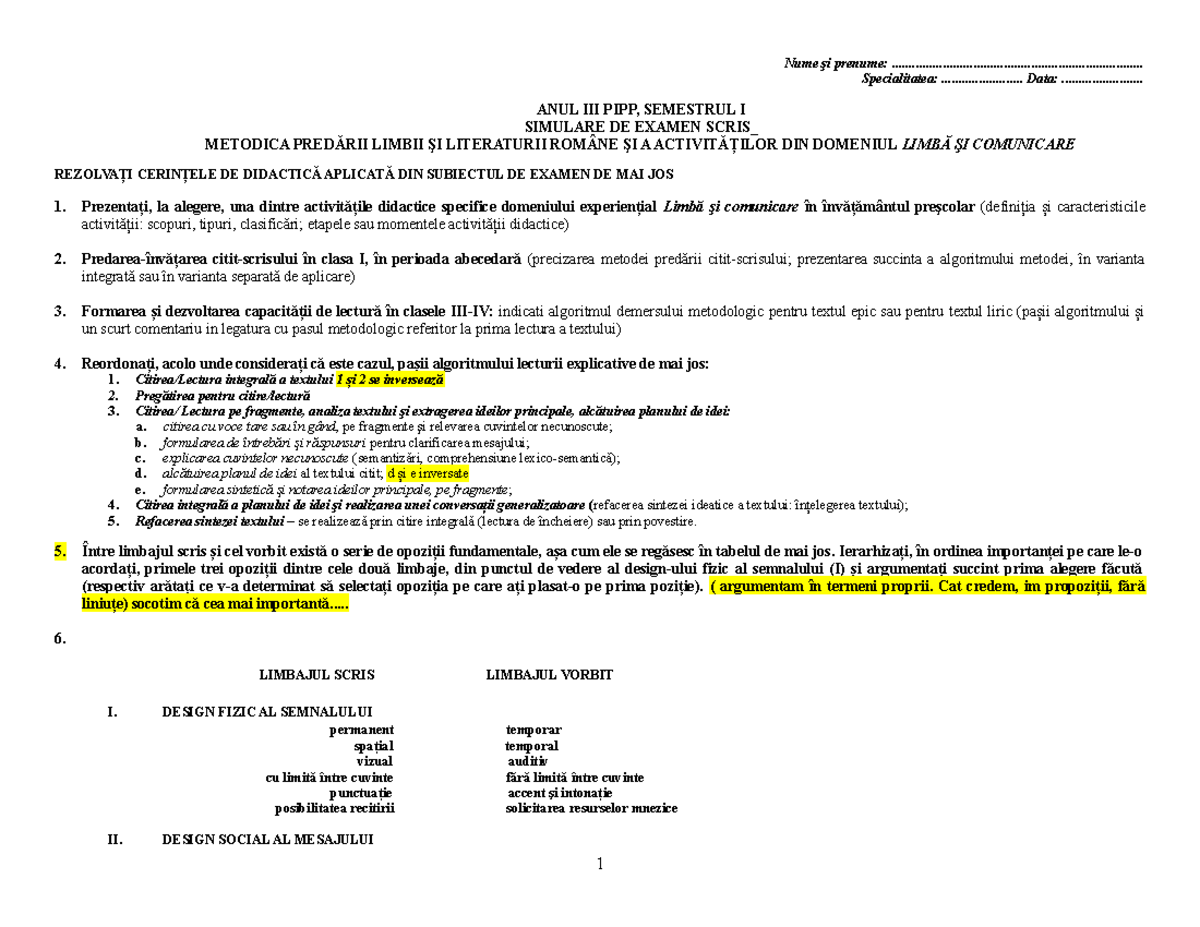 Simulare examen - Nume şi prenume: - Studocu