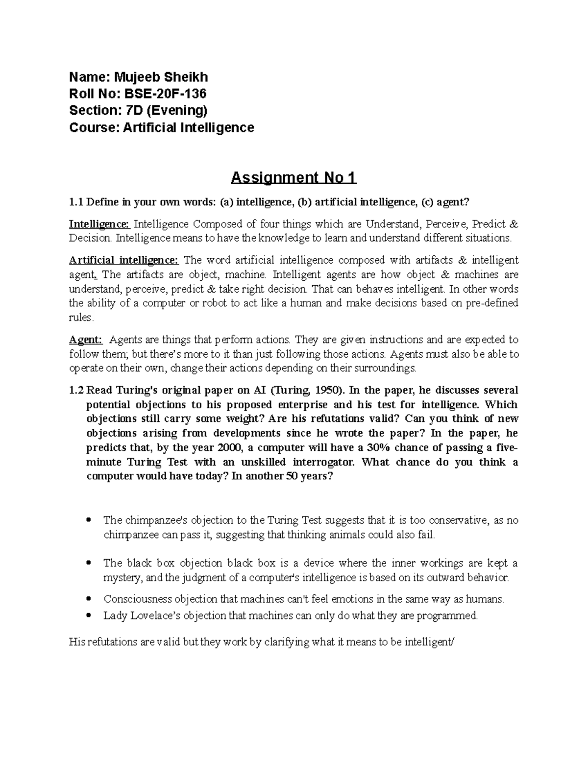 AI Assignment no 1 - Solved Exercise chapter 1 - Name: Mujeeb Sheikh ...
