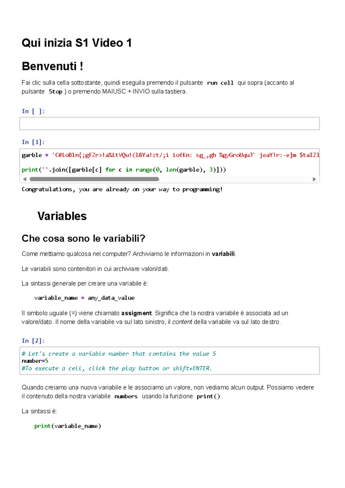 S1 Ita Video Lecture Python Basics Jupyter Notebook 1 Qui Inizia S1 Video 1 Benvenuti Fai