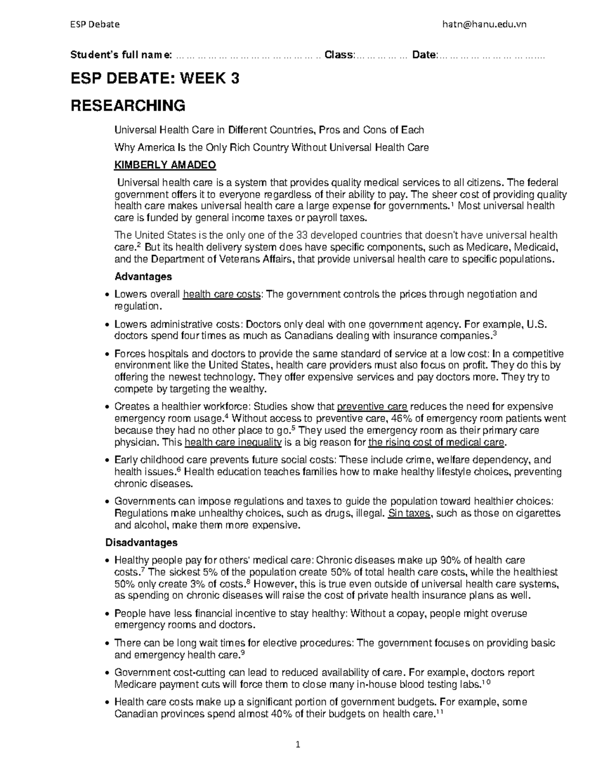ESP Debate Week 3 - Healthcare - Student’s full name