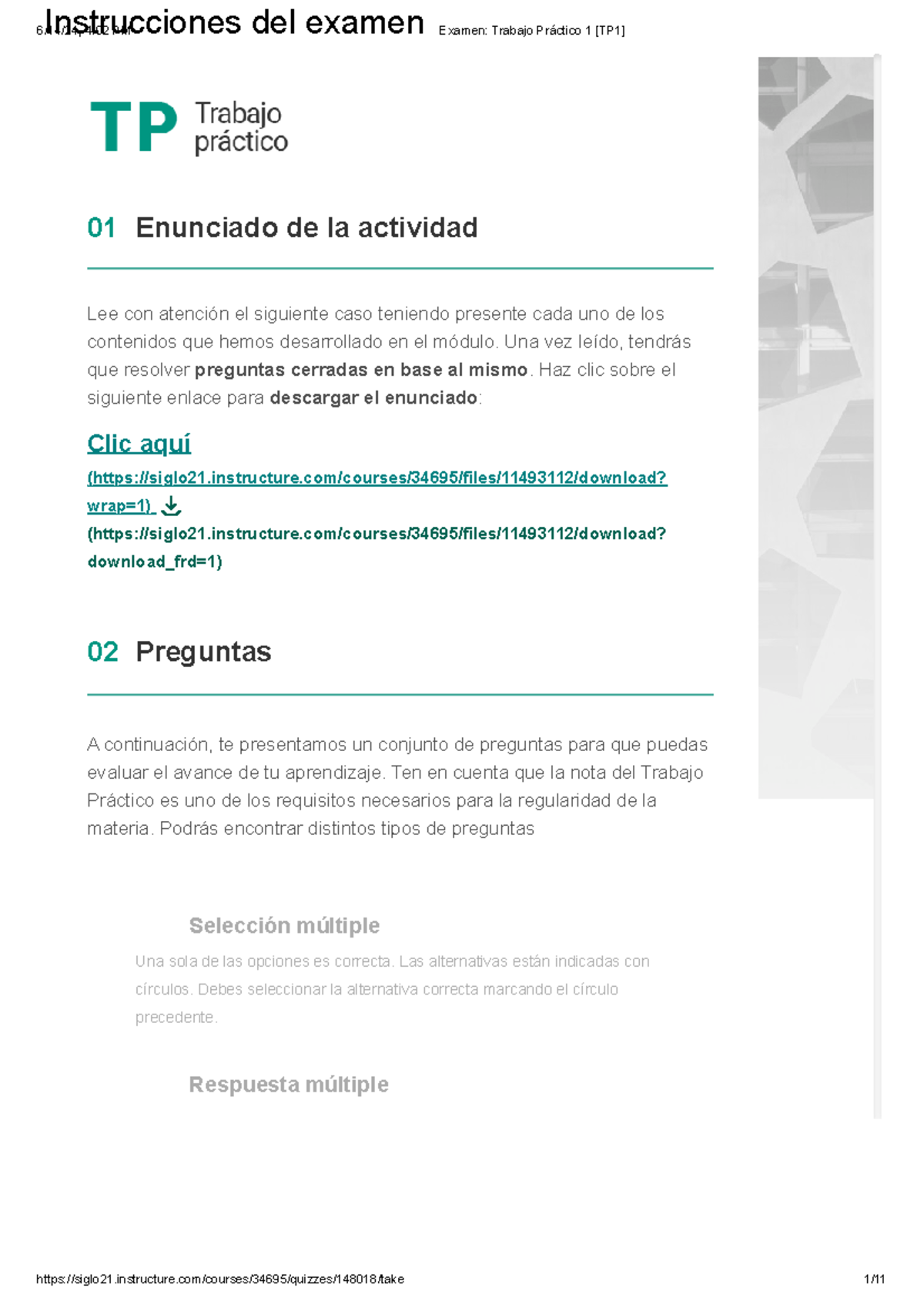 Examen Trabajo Práctico 1 [TP1] - Instrucciones del examen 01 Enunciado de la actividad Lee con ...
