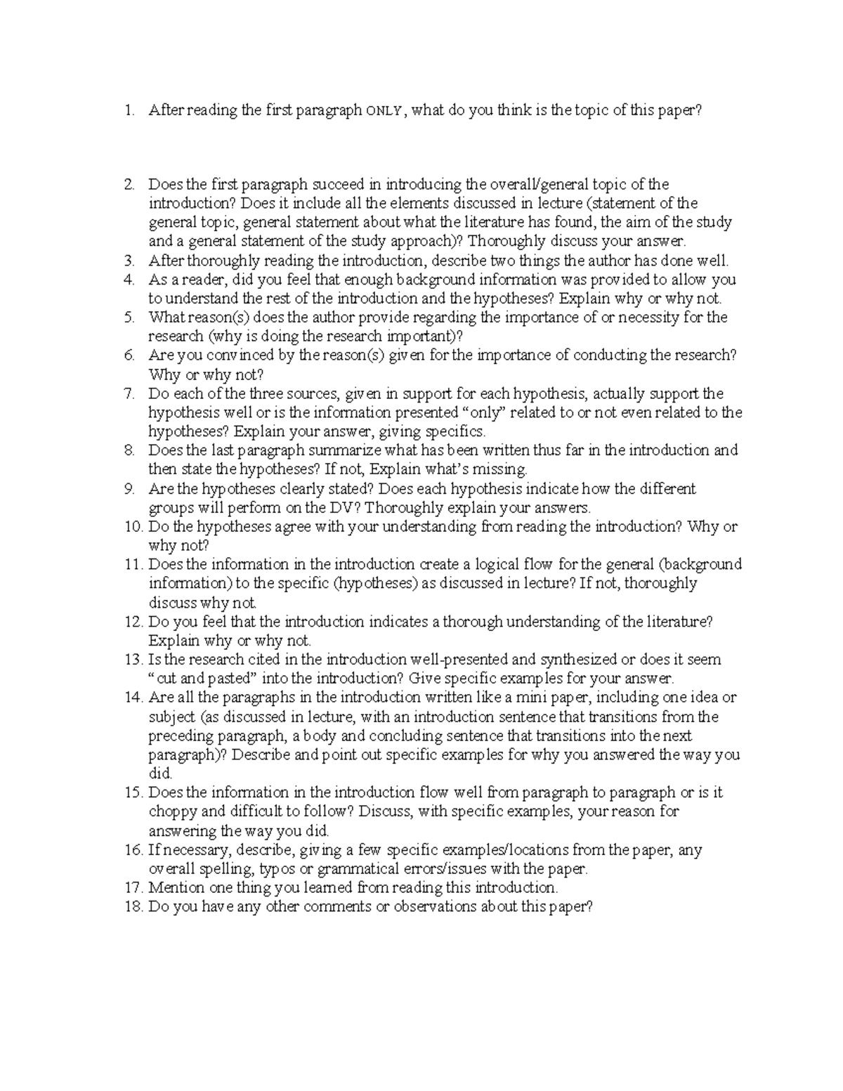 1 Peer Review Questions - After reading the first paragraph ONLY, what ...