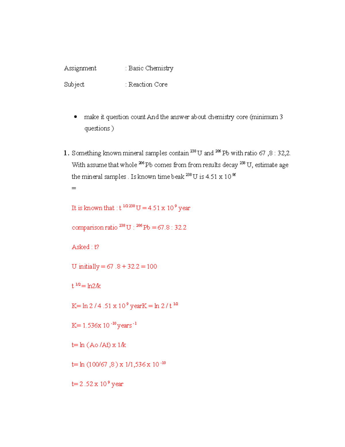 Reaction Core - Assignment : Basic Chemistry Subject : Reaction Core ...