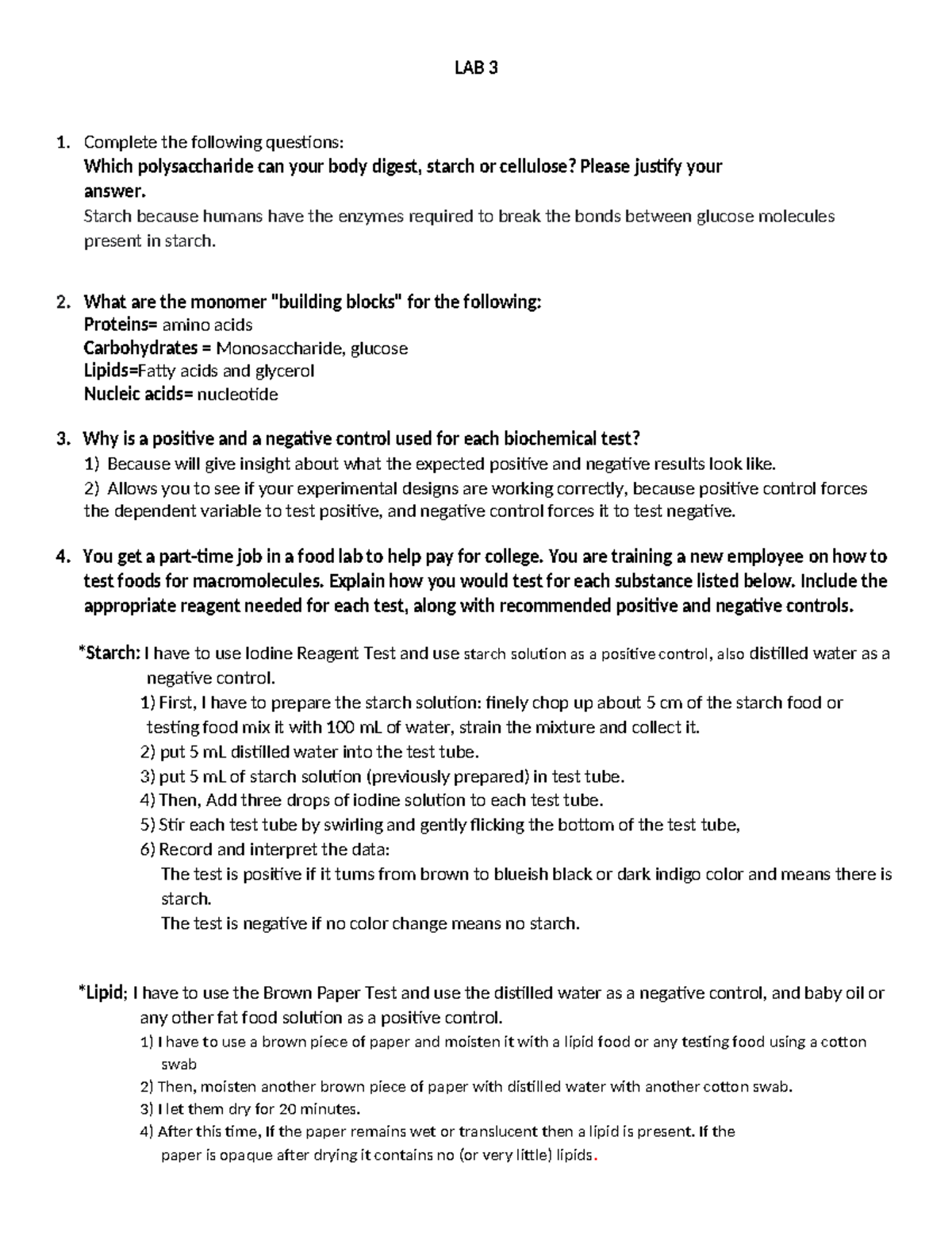 Lab 3 Assignment Lab Lab 3 1 Complete The Following Questions Which Polysaccharide Can 8832