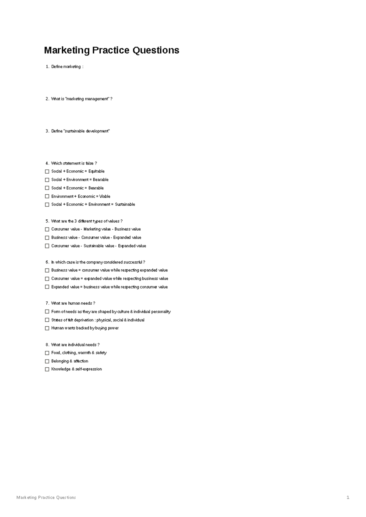 Marketing Mock Quiz - Marketing Practice Questions Define marketing ...