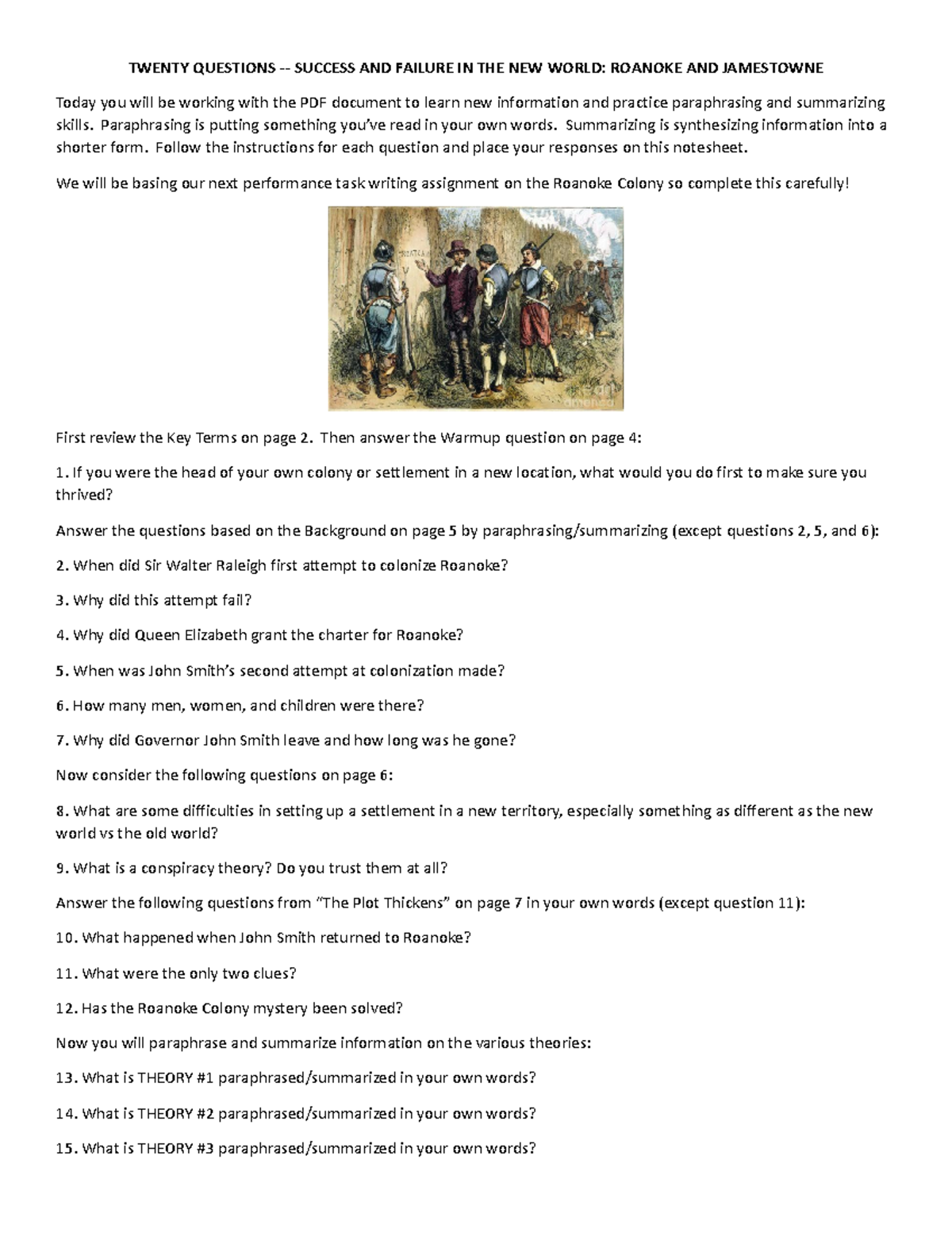 Roanoke Colony PDF Questions - TWENTY QUESTIONS - SUCCESS AND FAILURE ...