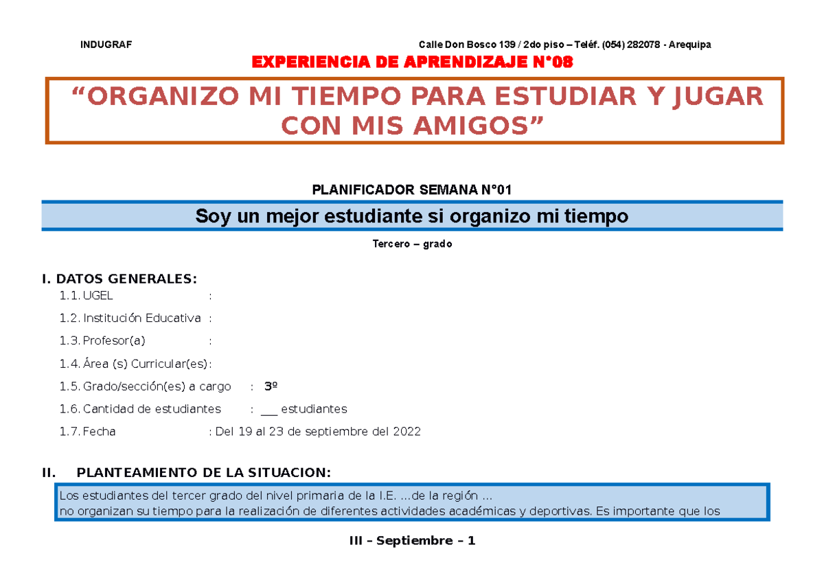 3° Grado - Planificador DEL 19 AL 23 DE Setiembre - EXPERIENCIA DE APRENDIZAJE N°0 8 “ORGANIZO ...