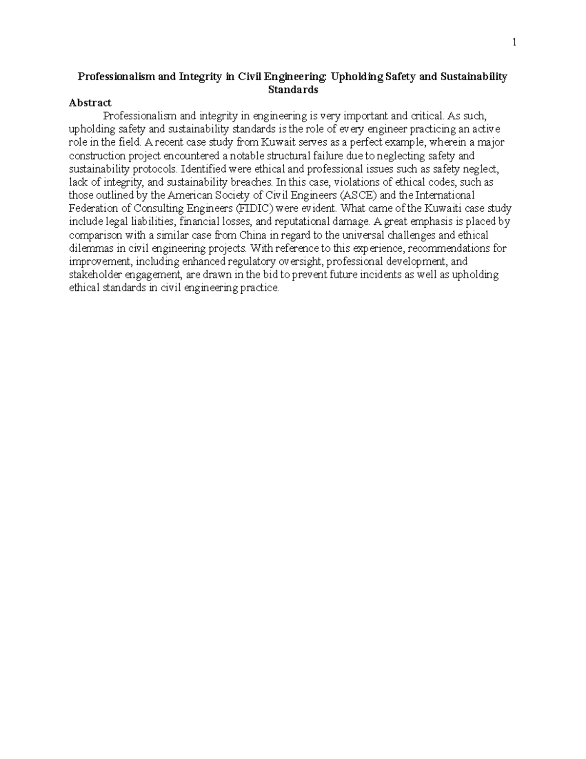 Professionalism and Integrity in Civil Engineering - As such, upholding ...