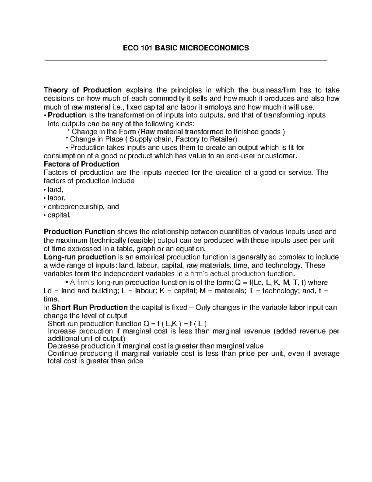 Eco reviewer - hehe - ECO 101 BASIC MICROECONOMICS Theory of Production ...