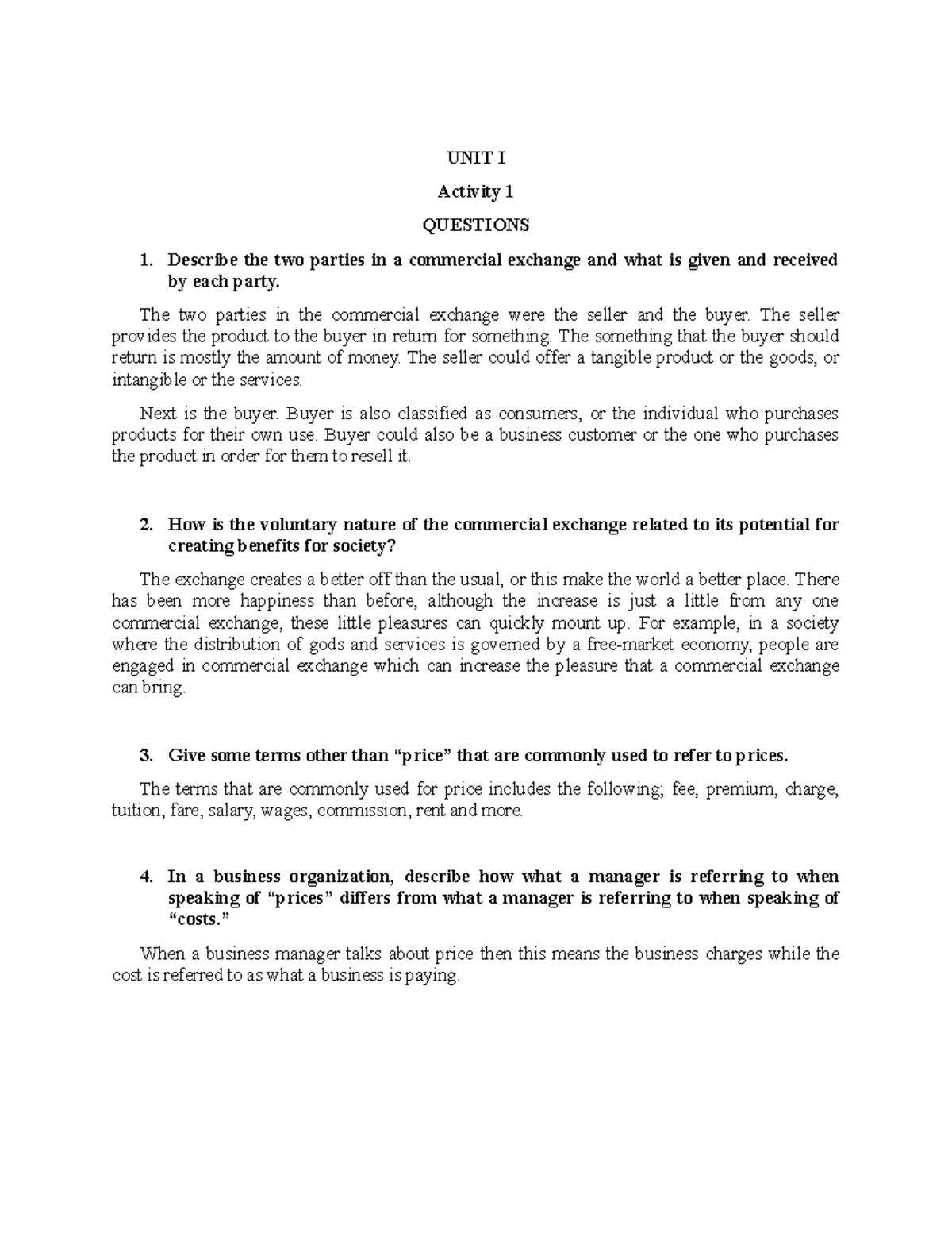 Pricing Strategy - UNIT I Activity 1 **QUESTIONS Describe the two ...