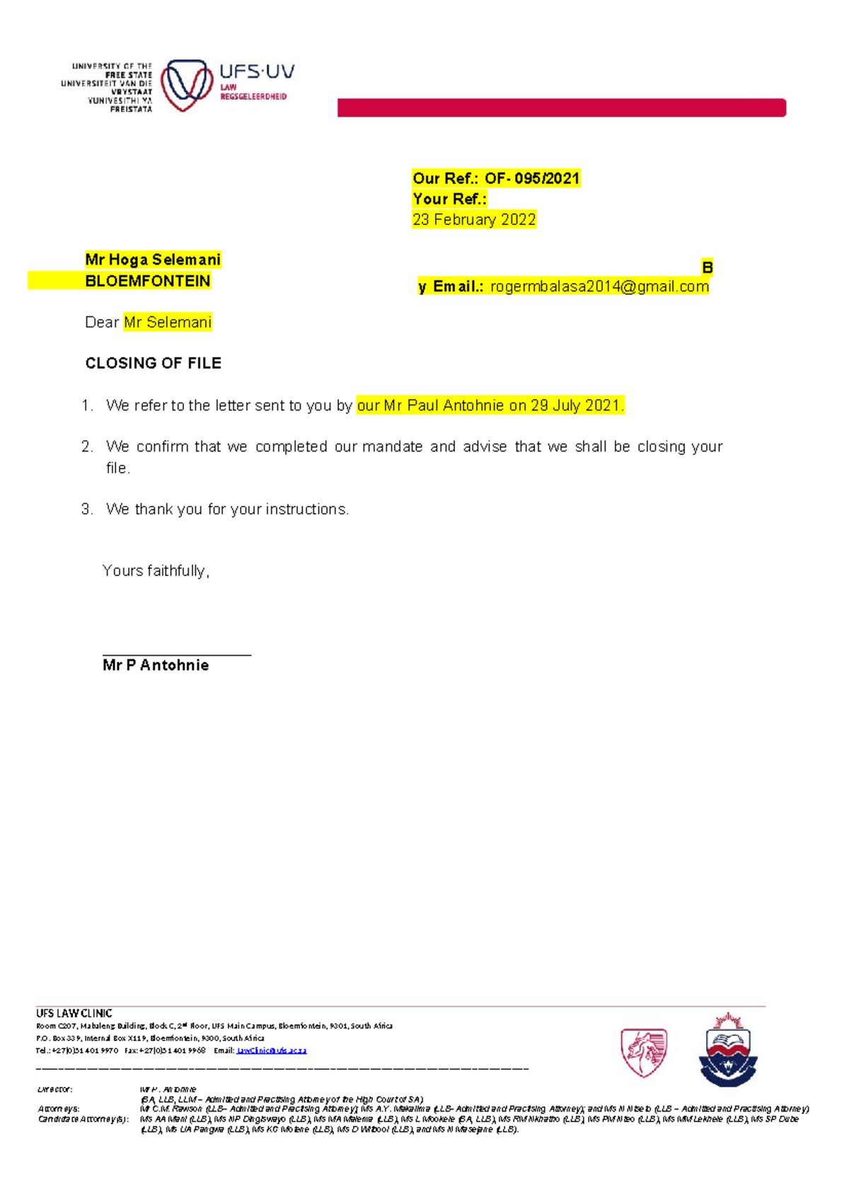 Closing Letter Sample - Summary Legal Practice - Our Ref.: OF- 095 ...