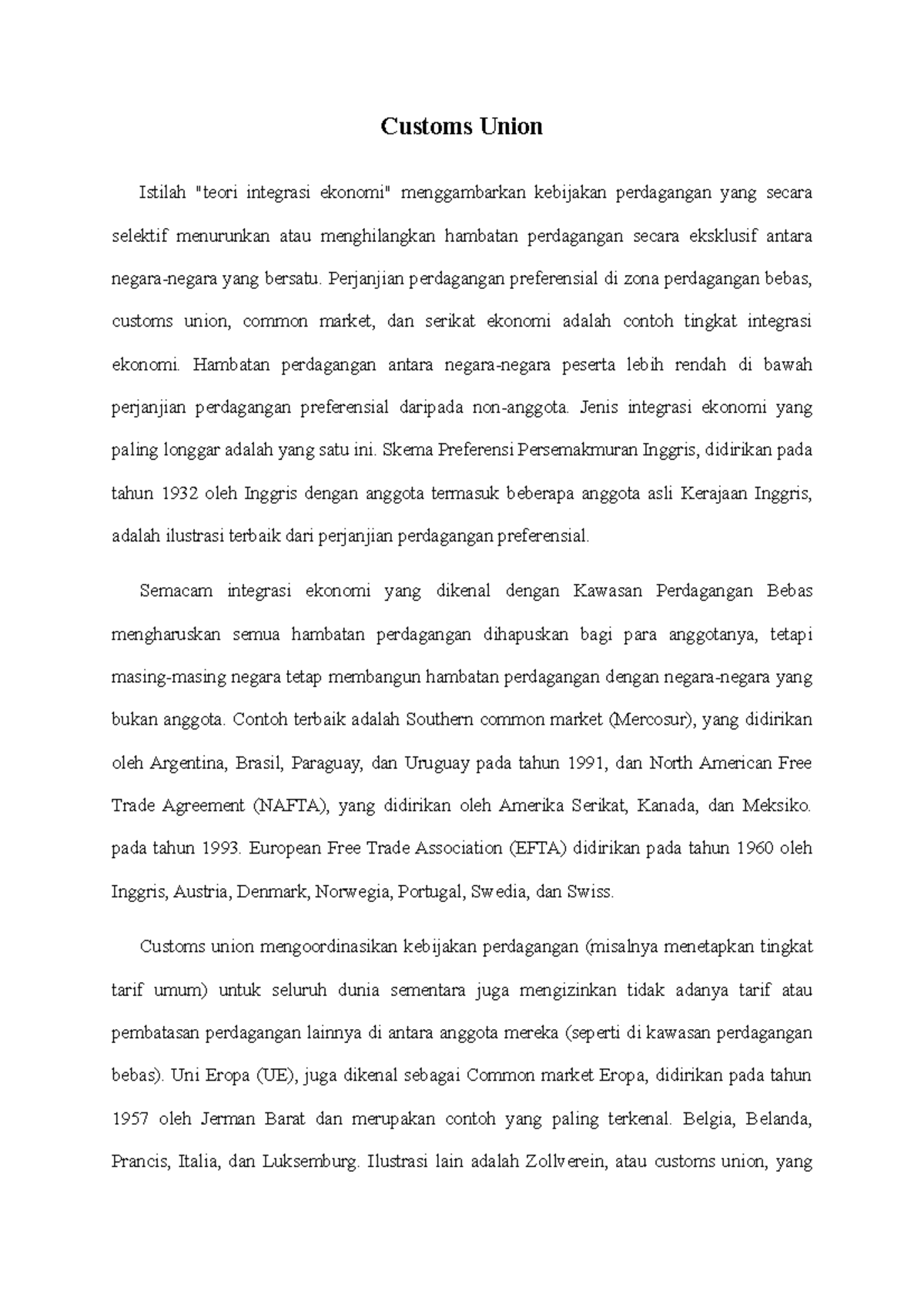 Customs Union - Customs Union Istilah "teori integrasi ekonomi ...