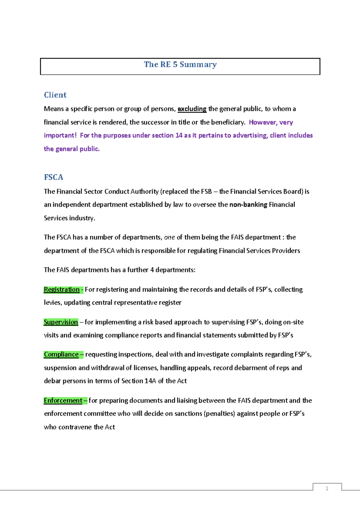 RE-5-Summary - SUMMARY OF EXAM PREP - The RE 5 Summary Client Means a ...