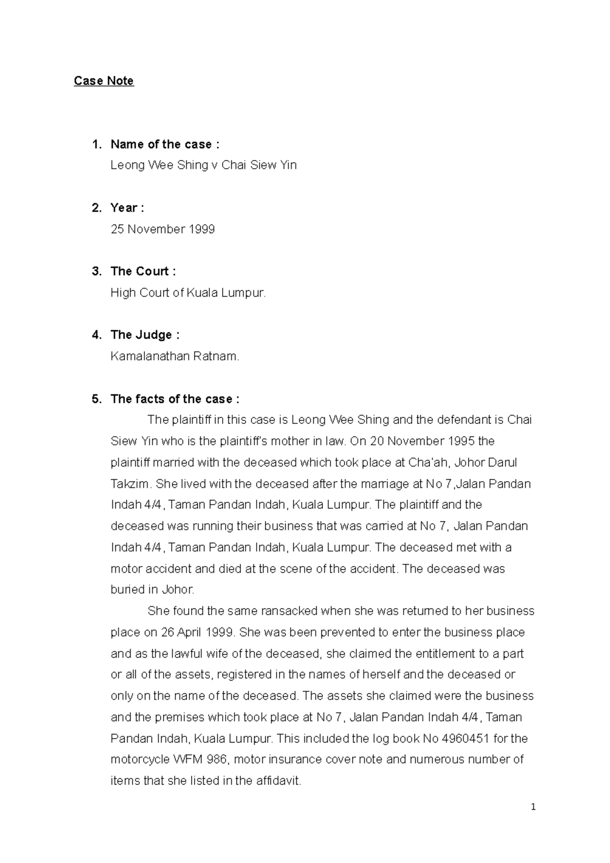 Case Note Mls - case notes mils - Case Note Name of the case : Leong ...