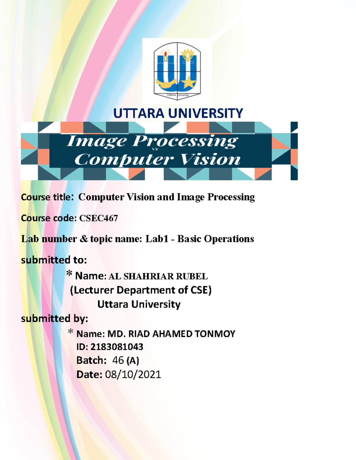 Lab1 - Basic Operations in image visulaization - UTTARA UNIVERSITY ...