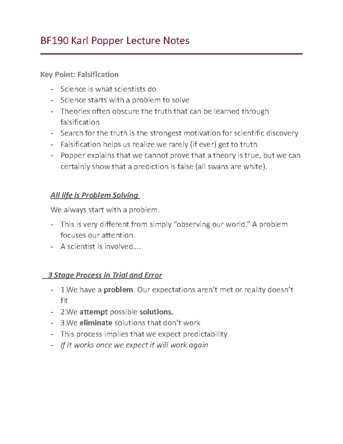 BF190 Karl Popper Lecture Notes - All life is Problem Solving We always ...