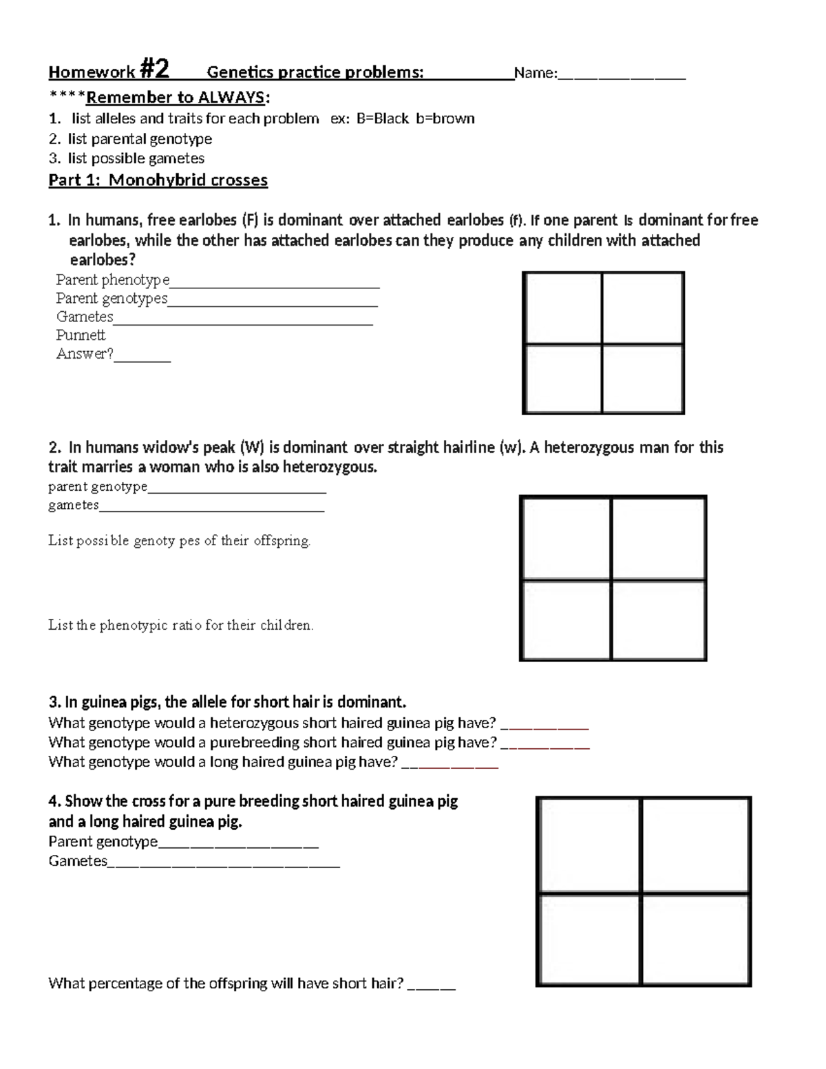 HW2Genetics practice - Homework #2 Genetics practice problems: Name ...