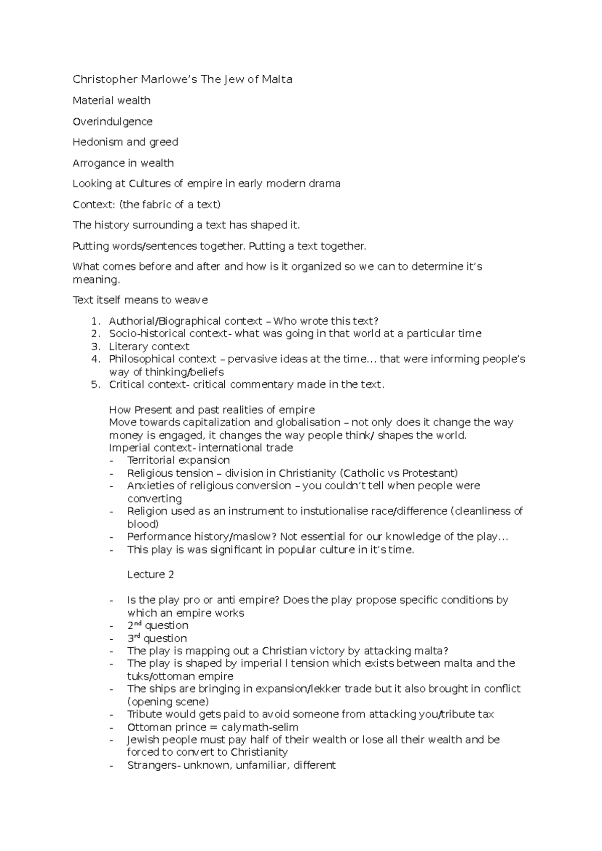 The Jew of Malta - lecture notes and tutorial work - Christopher ...
