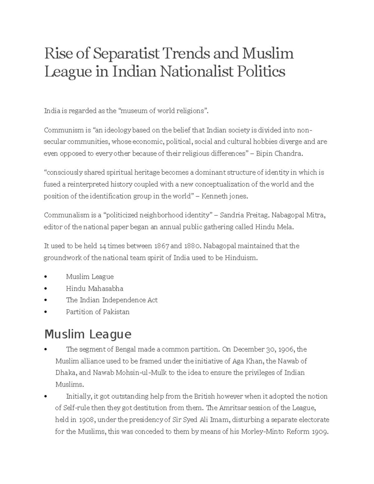 Rise of Separatist Trends and Muslim League in Indian Nationalist ...