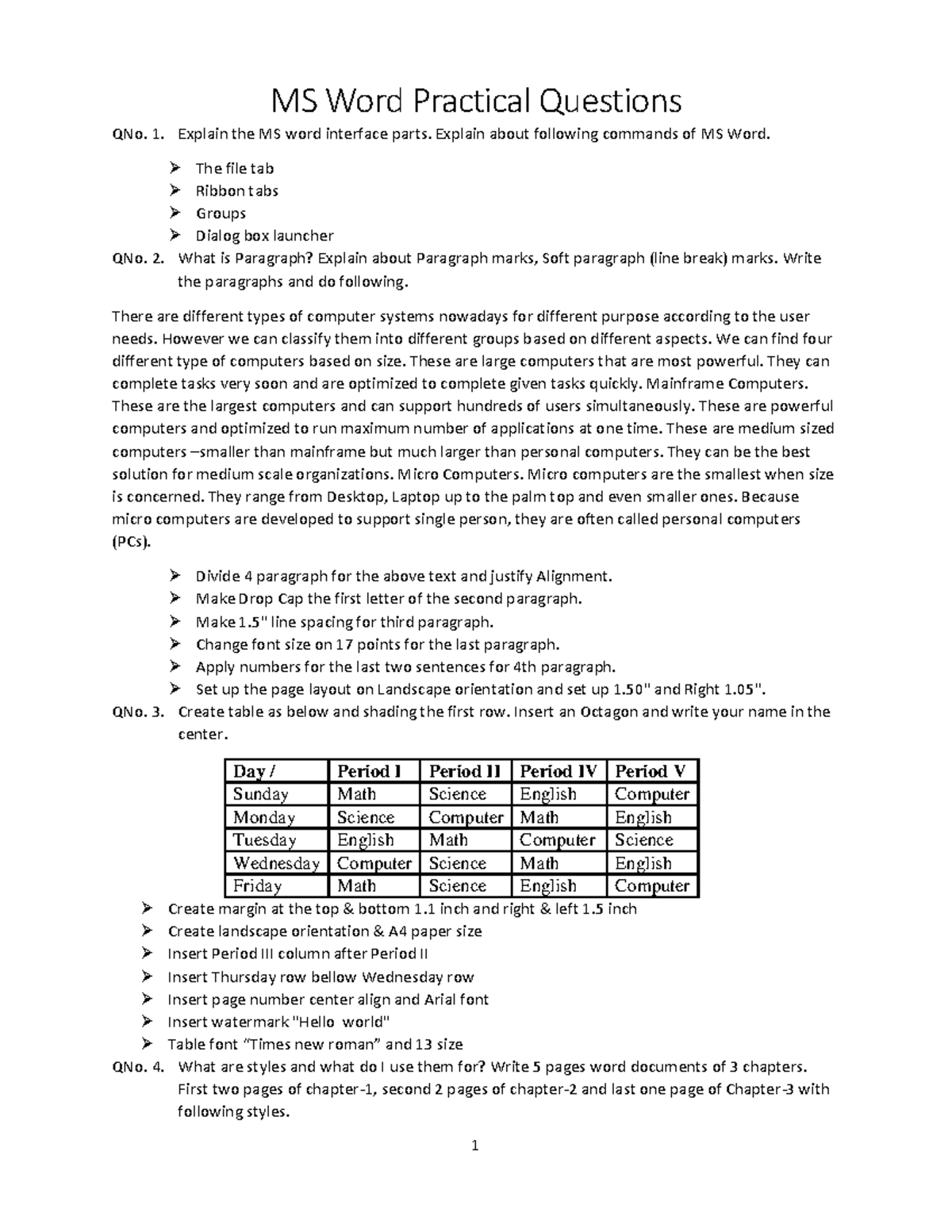 Word Practical Questions For Exercises 37524 MS Word Practical