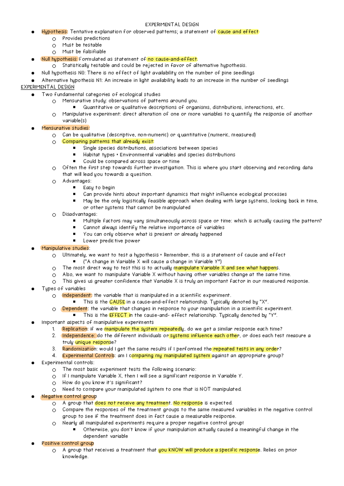 Exam 1 Notes - Lecture 6 - EXPERIMENTAL DESIGN Hypothesis: Tentative ...
