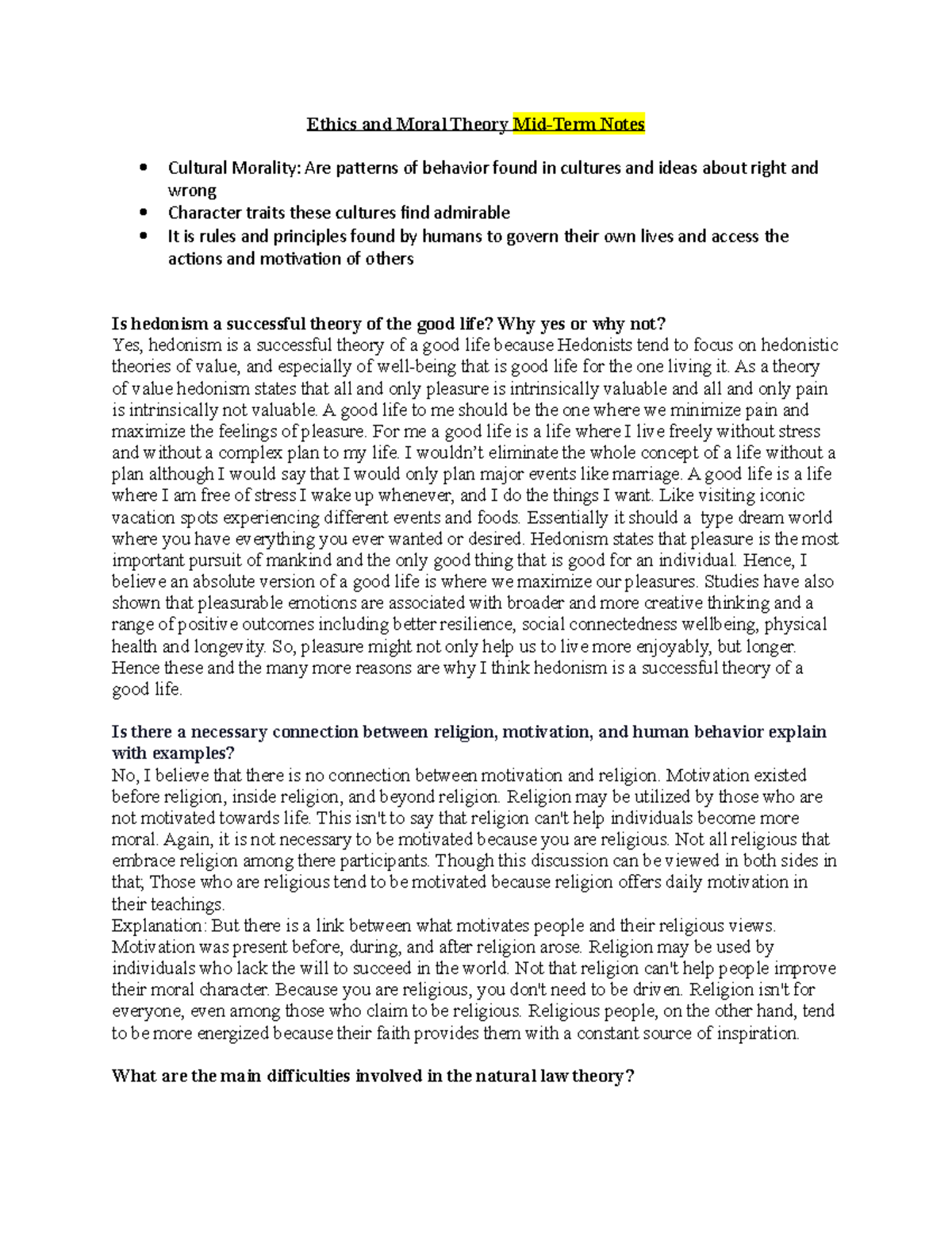 Ethics & Moral Theory (Mid-Term Notes) - Ethics and Moral Theory Mid ...