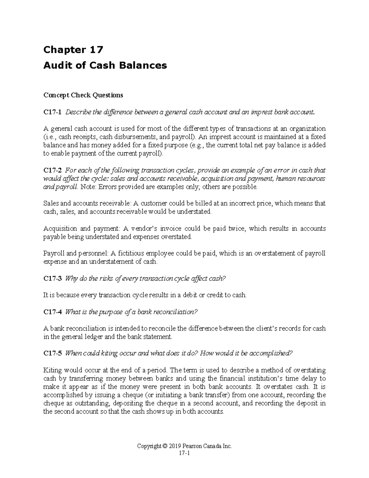 Arens auditing 14ce ism c17 pdf - Copyright © 2019 Pearson Canada Inc. Chapter 17 Audit of Cash ...